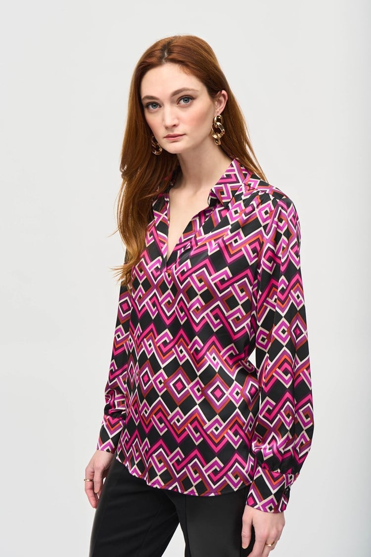 Satin Geometric Print Top- Black/ Multi – Rooted Boutique